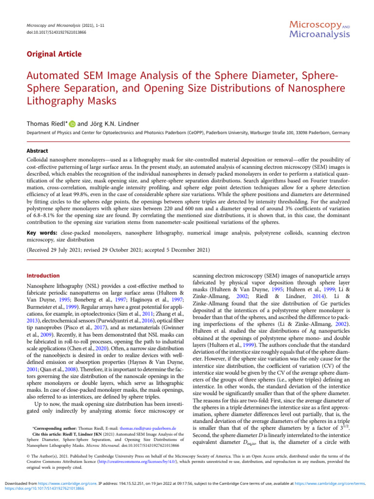 Automated SEM Image Analysis of the Sphere Diamete | PDF | Scanning ...