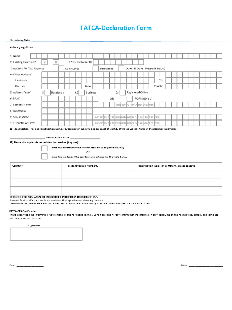 SFL FATCA Declaration Form (1) | PDF | Identity Document | Government ...