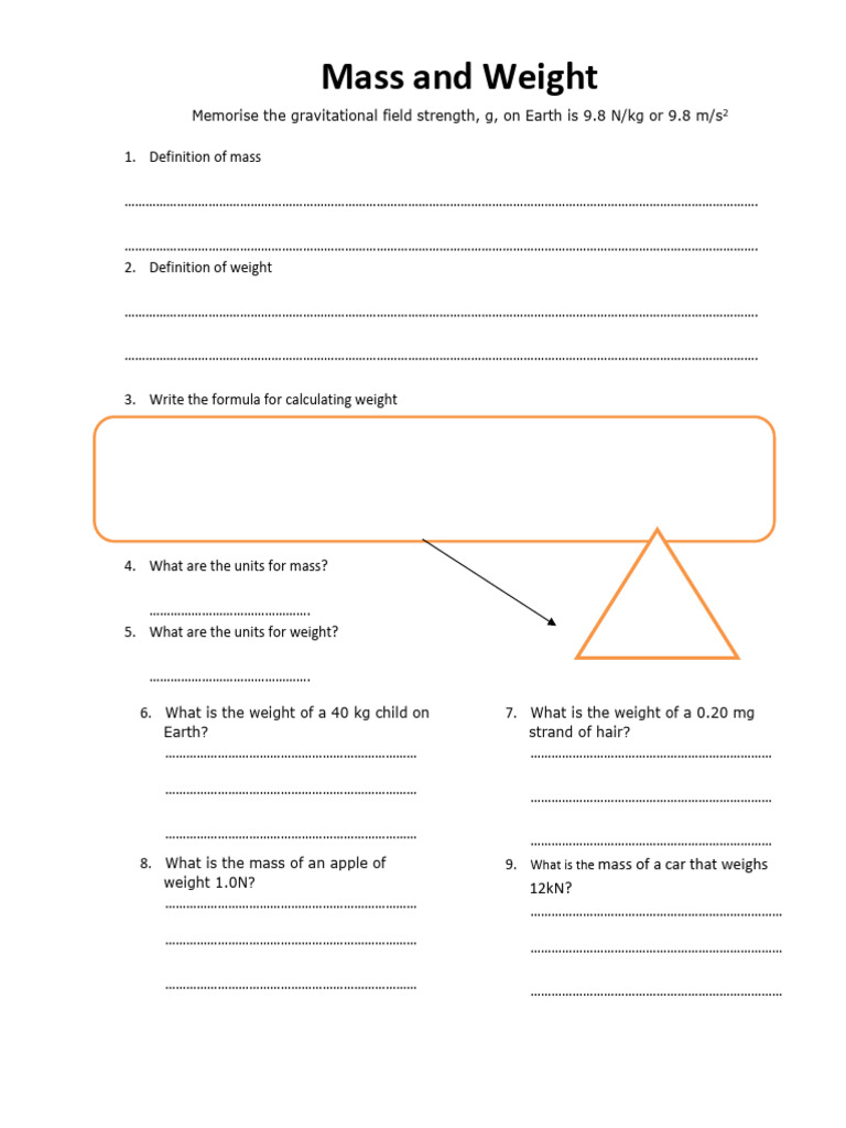 GCSE Physics Worksheet Weight and Mass | PDF