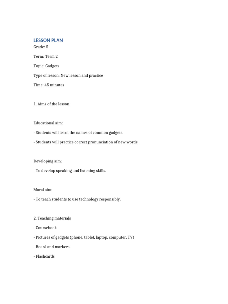 Lesson Plan Gadgets Grade5 | PDF