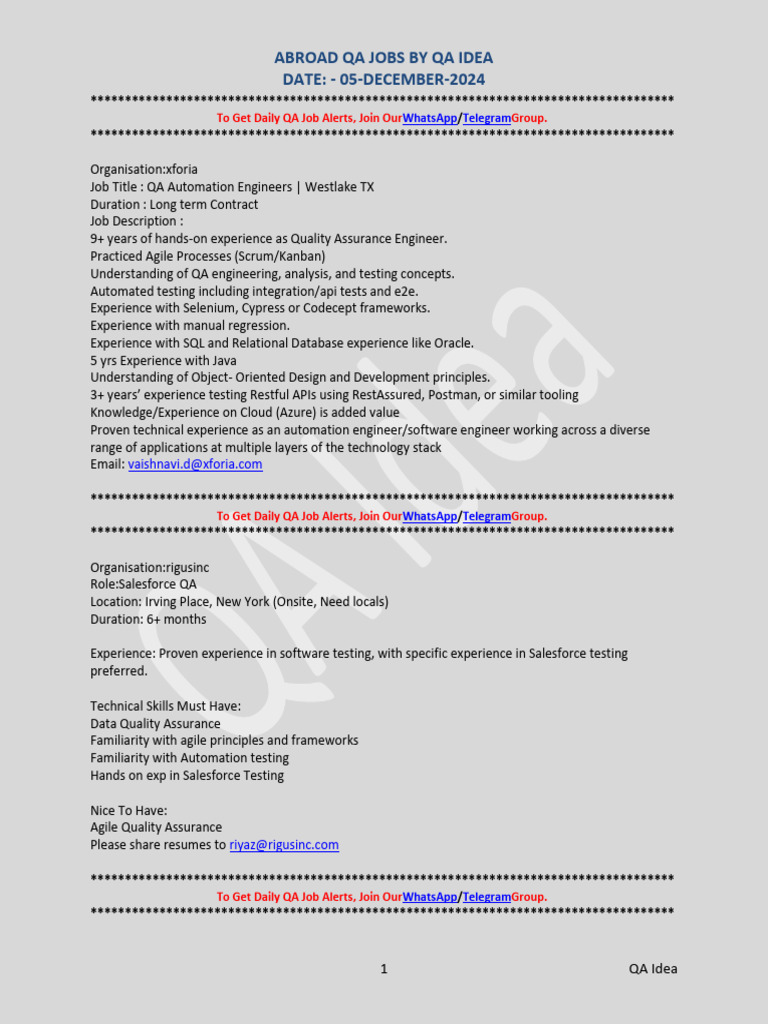 Abroad QA Jobs 05 Dec 2024 | PDF | Quality Assurance | Agile Software ...