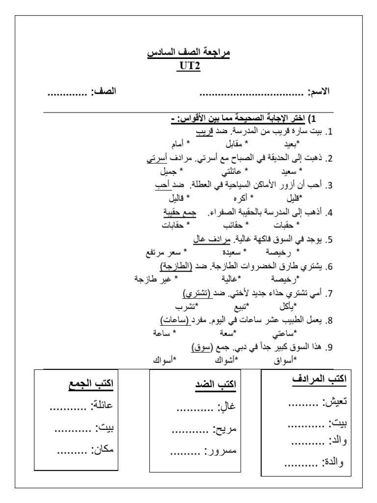 UT2 Revision Sheet Grade 6 2026 | PDF