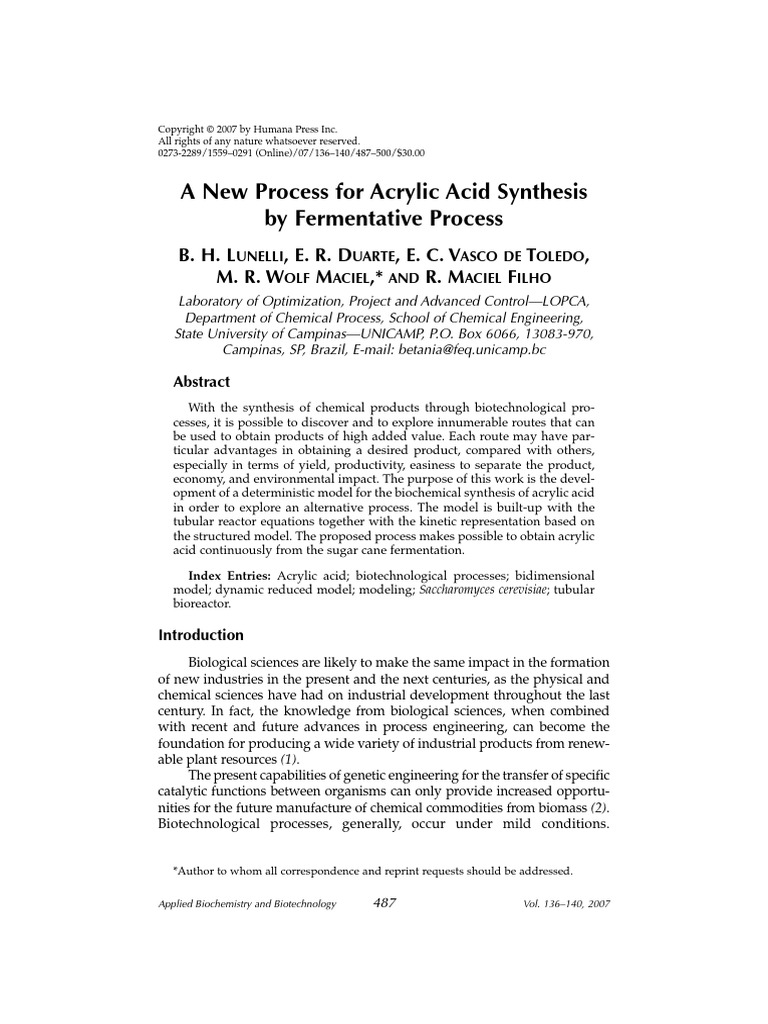 A New Process For Acrylic Acid Synthesis | PDF | Fermentation | Glycolysis
