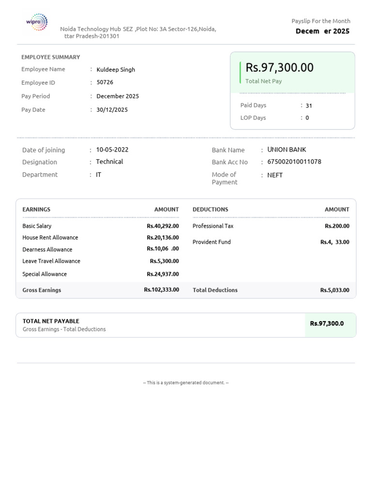 Payslip Wipro December 2025 | PDF