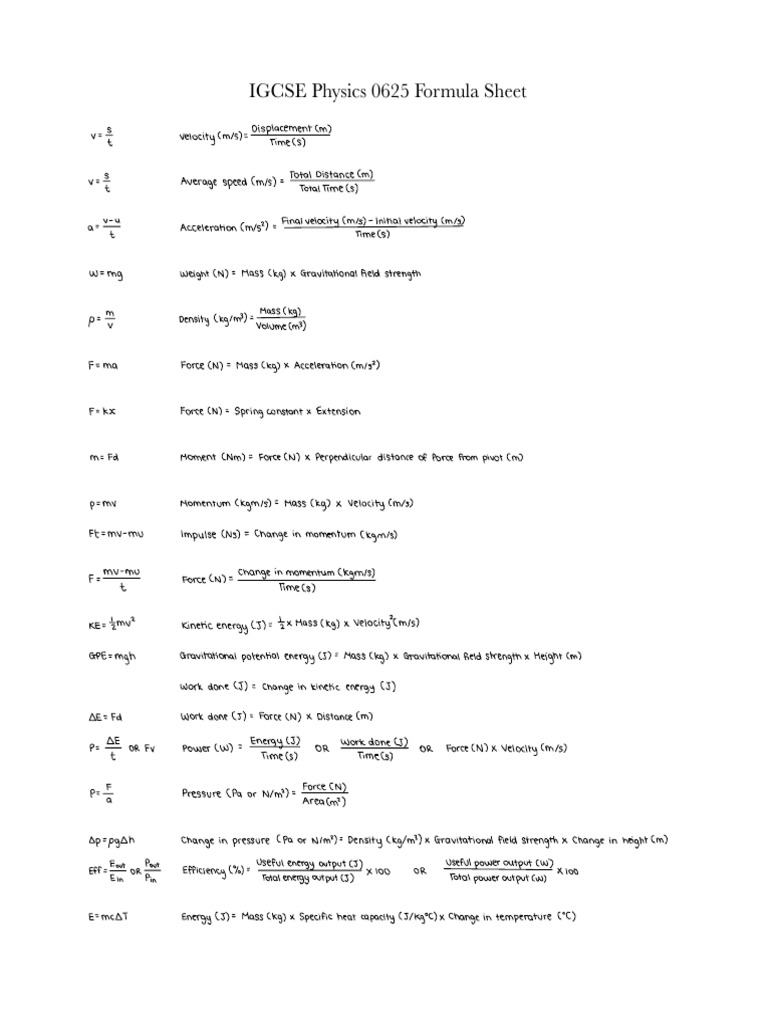 IGCSE Physics Formula Sheet 0625 | PDF