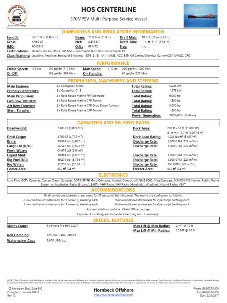 HOS Centerline Spec Sheet | PDF | Ships | Shipping