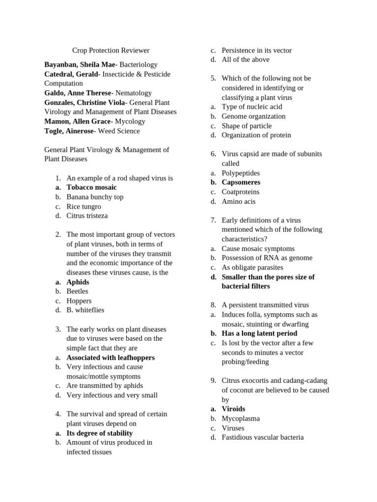 Crop Protection Reviewer | PDF | Virus | Plant Virus