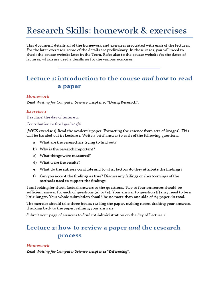 Research Methods Homework Exercises | PDF | Lecture | Homework