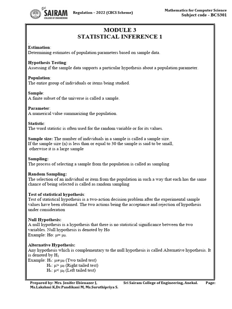 BCS301 - MODULE 3 Definition | PDF | Statistics | Null Hypothesis