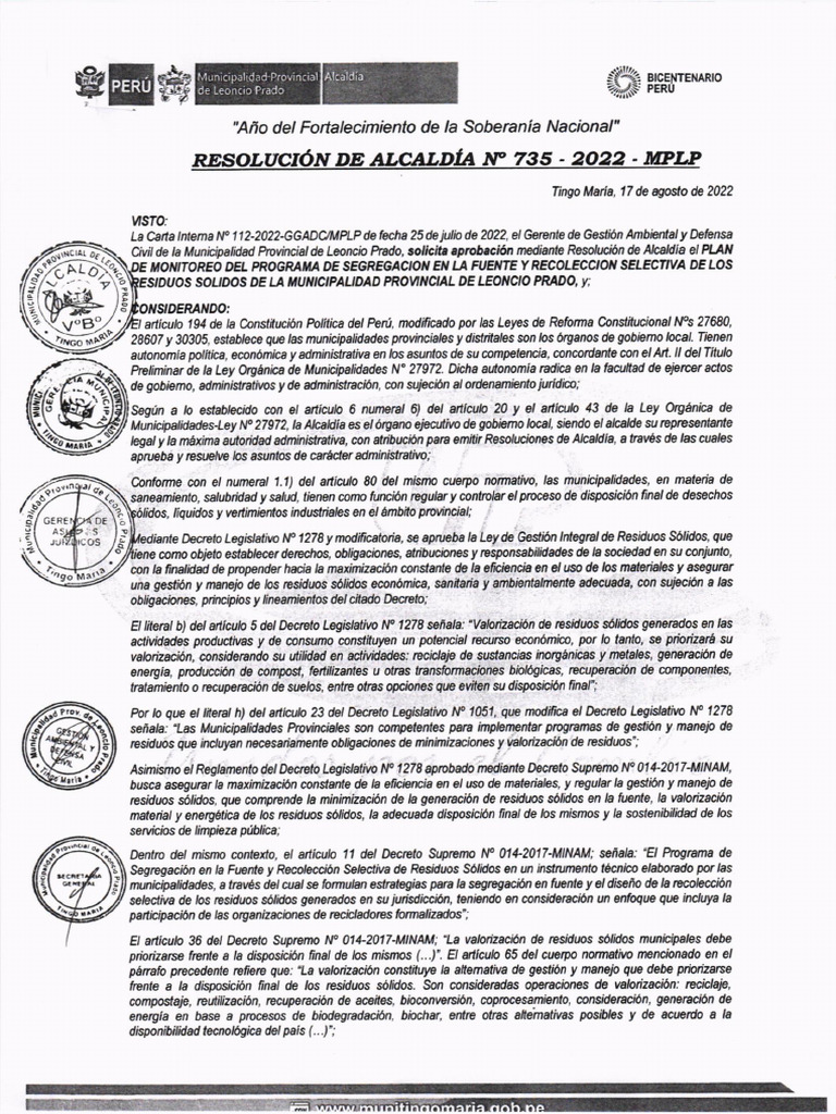Resolucion de Alcaldia Nº735-2022-Mplp - Plan de Monitoreo Del Programa ...