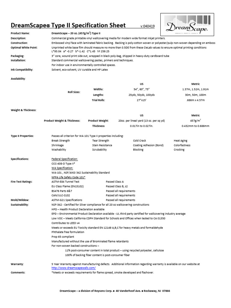 DreamScape Specification-20 Oz Type II 040419 | PDF | Polyvinyl ...