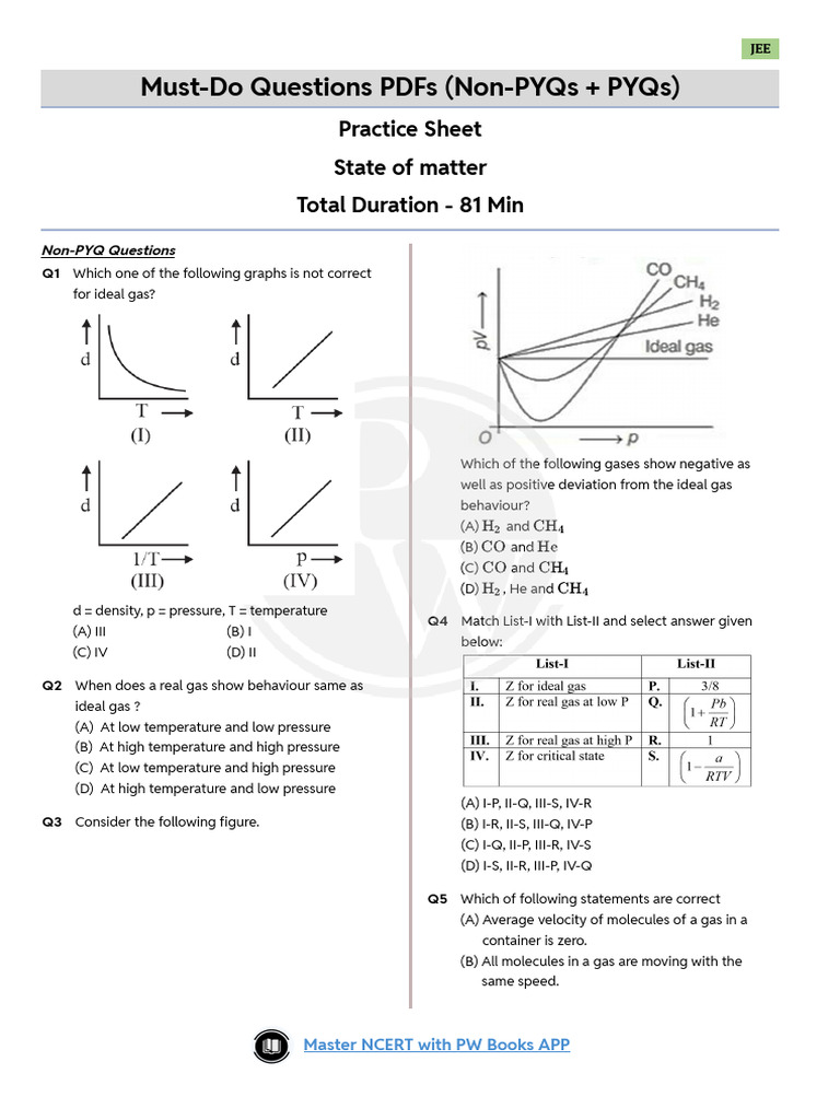 States of Matter Must Do Questions | PDF | Gases | Applied And ...