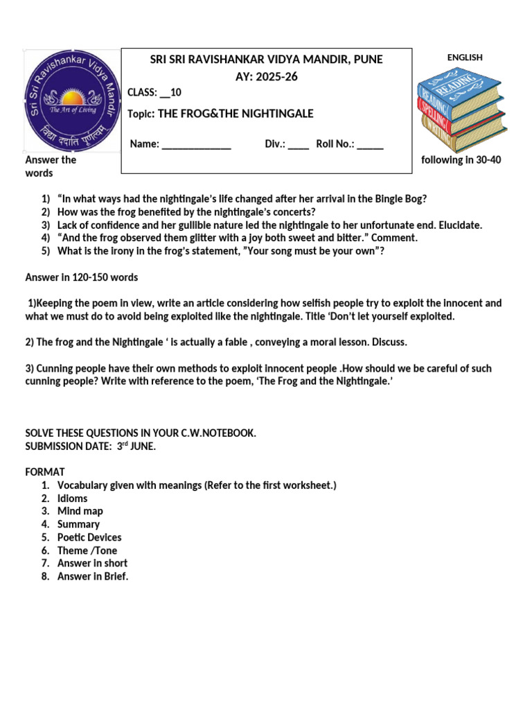 Worksheet The Frog and The Nightingale | PDF