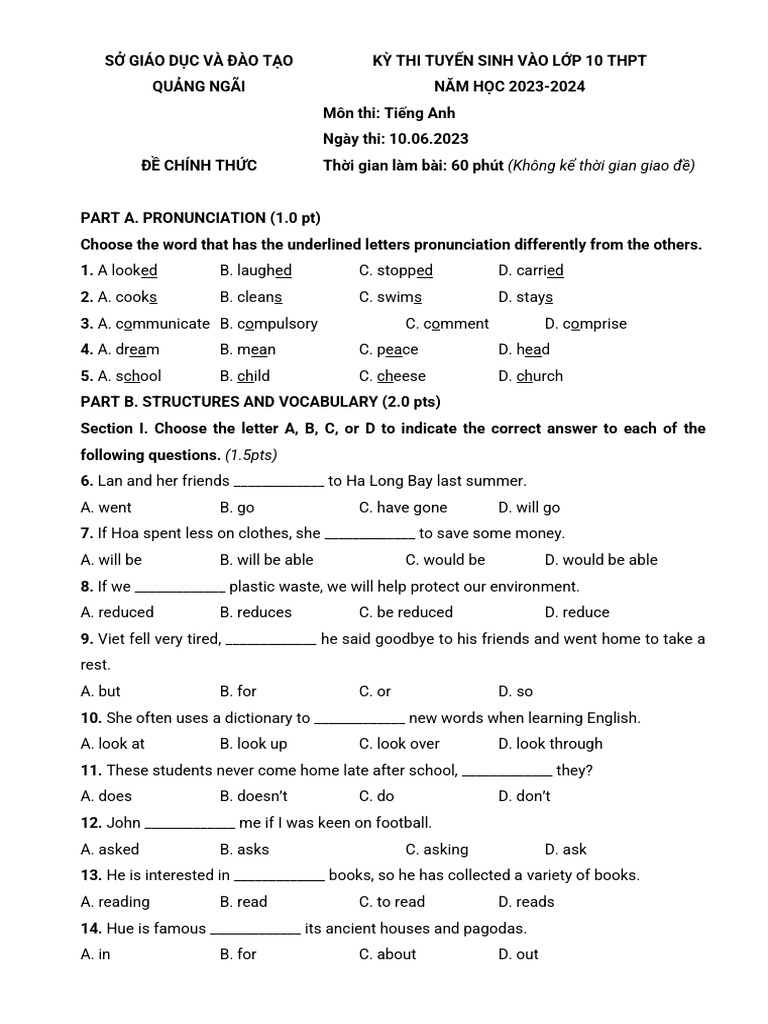 Đề Thi Tuyển Sinh Cính Thức Vào 10 Tiếng Anh 2023-2024 Word Quảng Ngãi ...