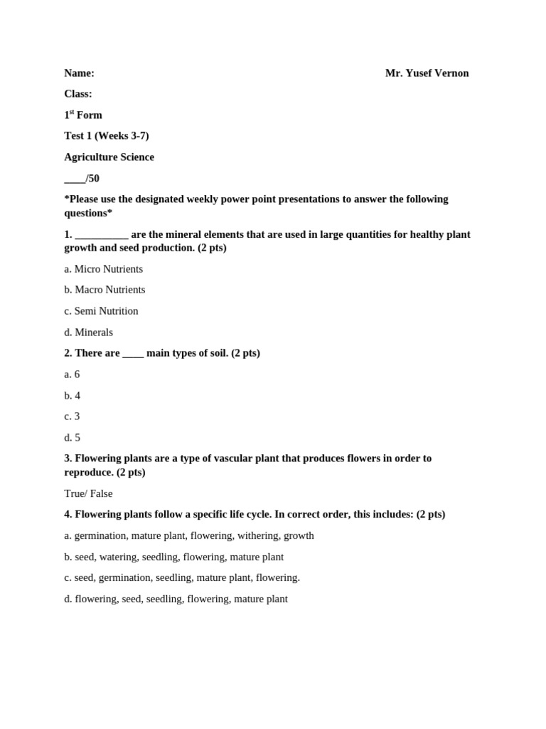 Test #1 Agriculture Science (2021) | PDF | Seed | Soil