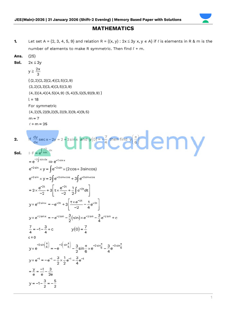 Mathematics JM Shift-2 21-01-2026 FC | PDF | Differential Geometry ...