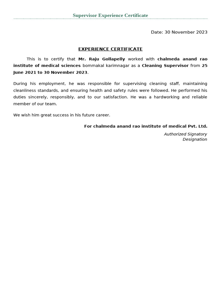 Cleaing Supervisor Experience Certificate | PDF