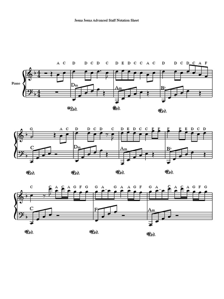 Jeena Jeena Advanced Piano Staff Notation Sheet | PDF | Notation ...