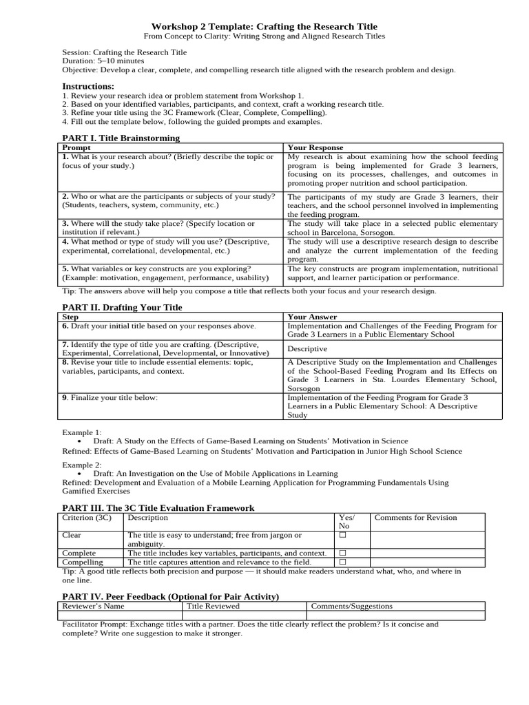Workshop 2_ Crafting Research Title (1) | PDF | Learning | Behavior ...
