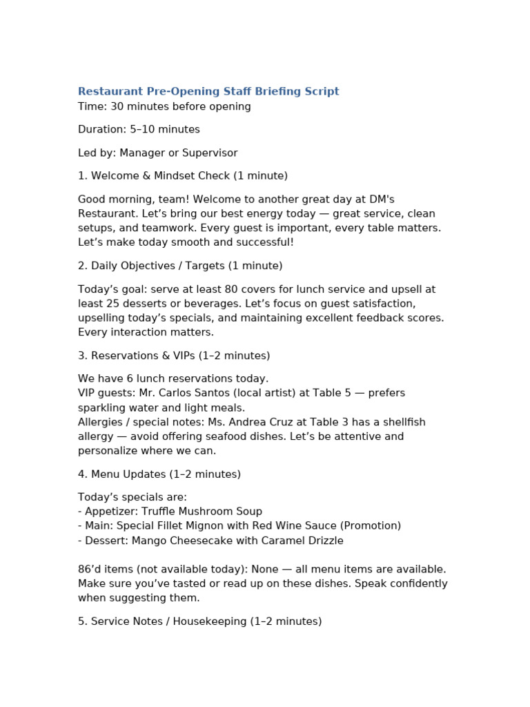 Pre Opening Staff Briefing Script | PDF | Lunch | Menu