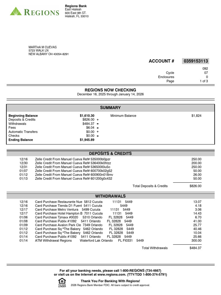 Account # 0359153113: Regions Now Checking | PDF | Banks | Overdraft