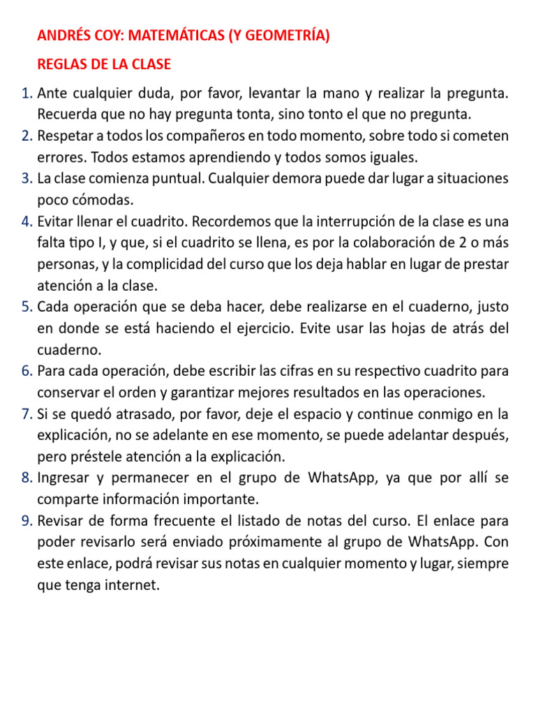 Reglas de La Clase | PDF