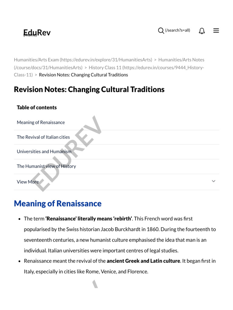 Revision Notes - Changing Cultural Traditions - History Class 11 ...