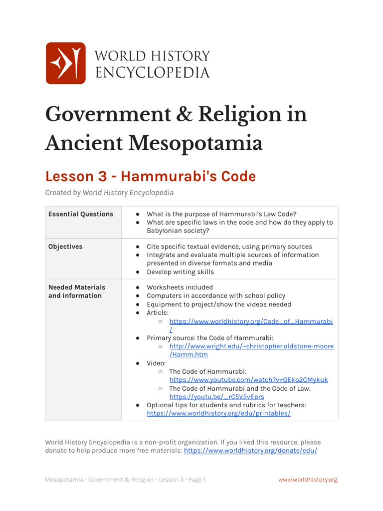 Lesson 3 - Code of Hammurabi | PDF | Mesopotamia | Hammurabi