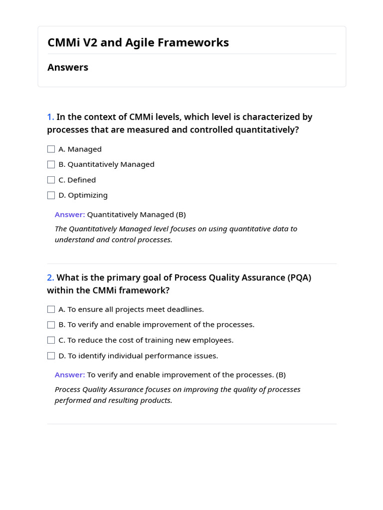 CMMi V2 and Agile Frameworks Answers | PDF | Software Development ...