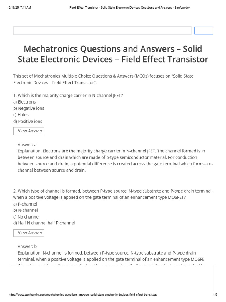Field Effect Transistor - Solid State Electronic Devices Questions and ...