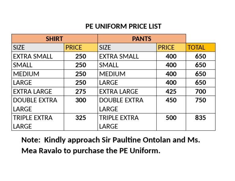 Pe Uniform Price List | PDF