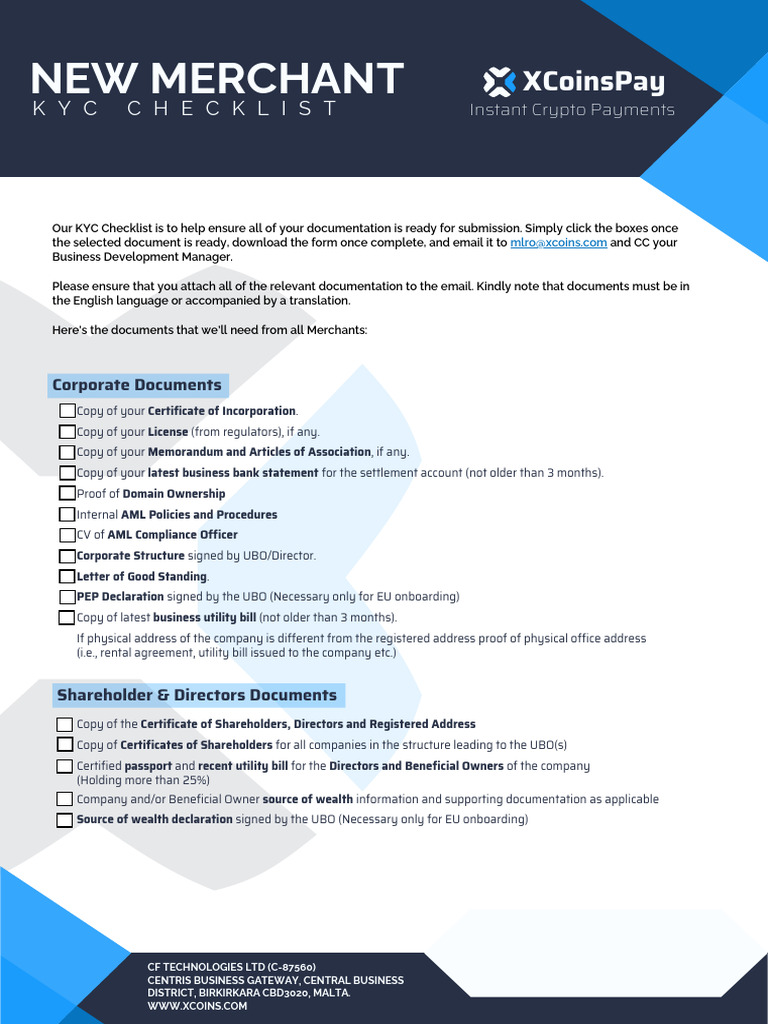XCoins KYC - Checklist 2025 | PDF