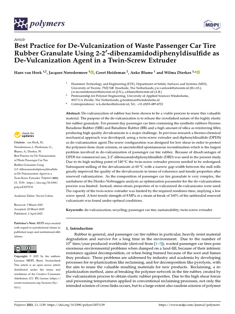 Best Practice for Devulcanization of Waste Passenger Car Tire Rubber ...