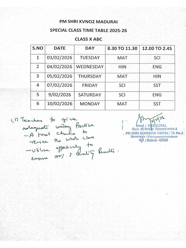 Special Class Time Table 2025 - 26 Class 10ABC | PDF