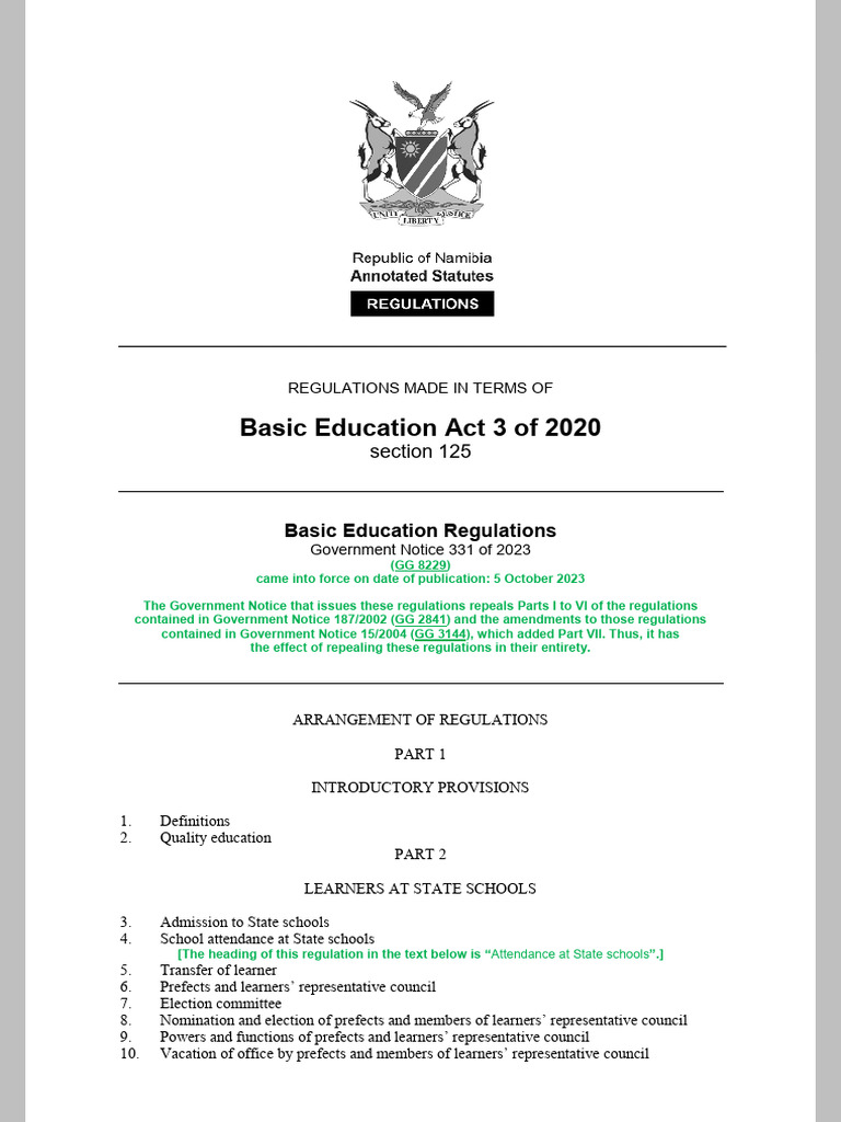 Basic Education Act 3 of 2020-Regulations 2023-331 | PDF | Schools ...