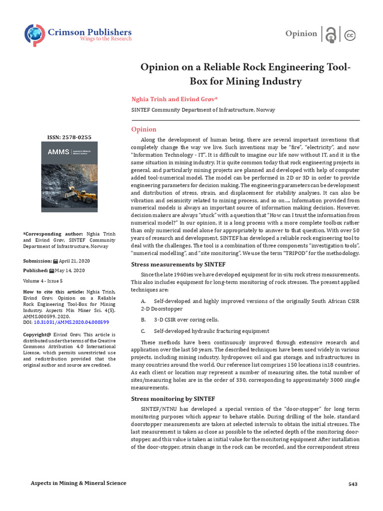 OPINION On A RELIABLE ROCK ENGINEERING TOOL-BOX FOR MINING INDUSTRY ...