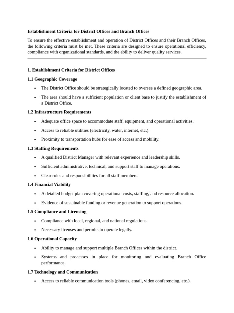 Establishment Criteria For District Offices and Branch Offices | PDF ...