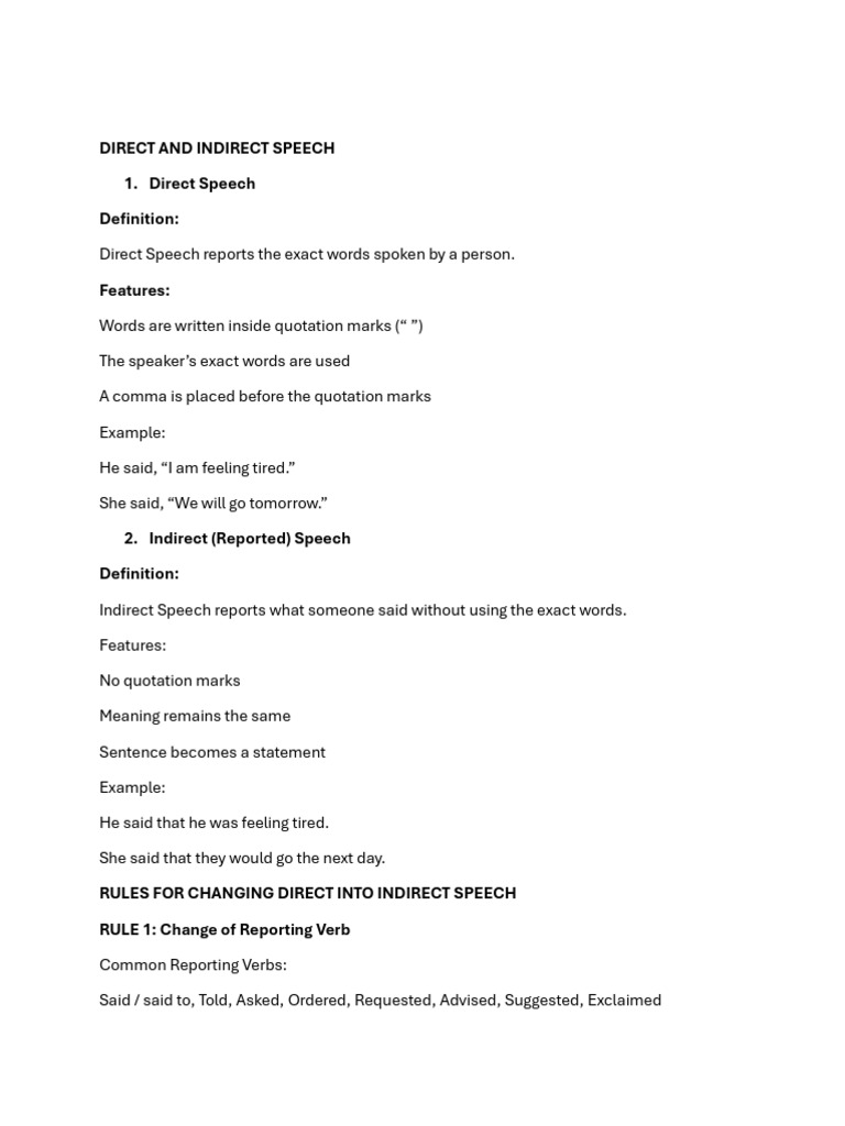 Notes of Direct and Indirect Speech | PDF | Question | Perfect (Grammar)