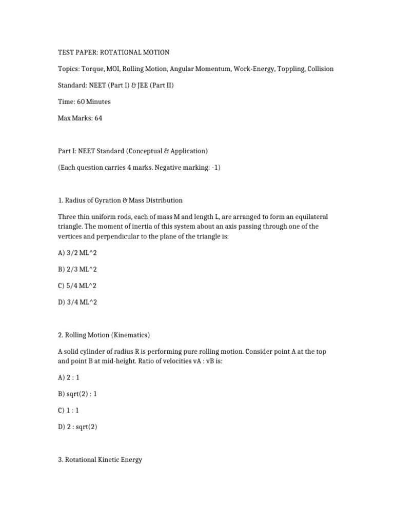 Rotational Motion Test | PDF | Physical Phenomena | Physical Quantities