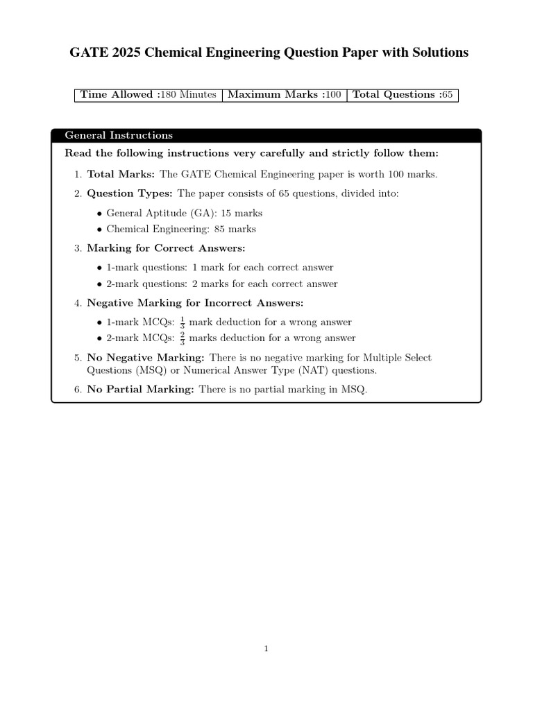 GATE 2025 Chemical Engineering Question Paper With Solutions | PDF ...