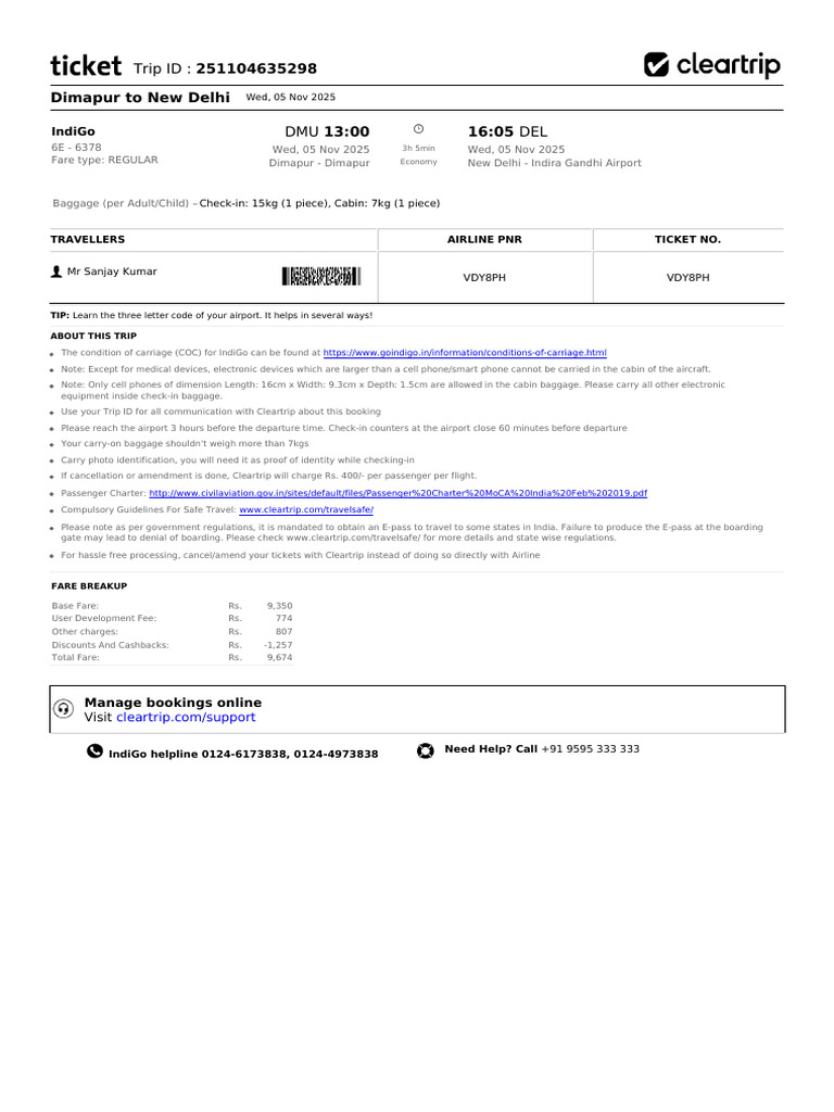 Cleartrip Flight Domestic E-Ticket | PDF | Airport | Transport