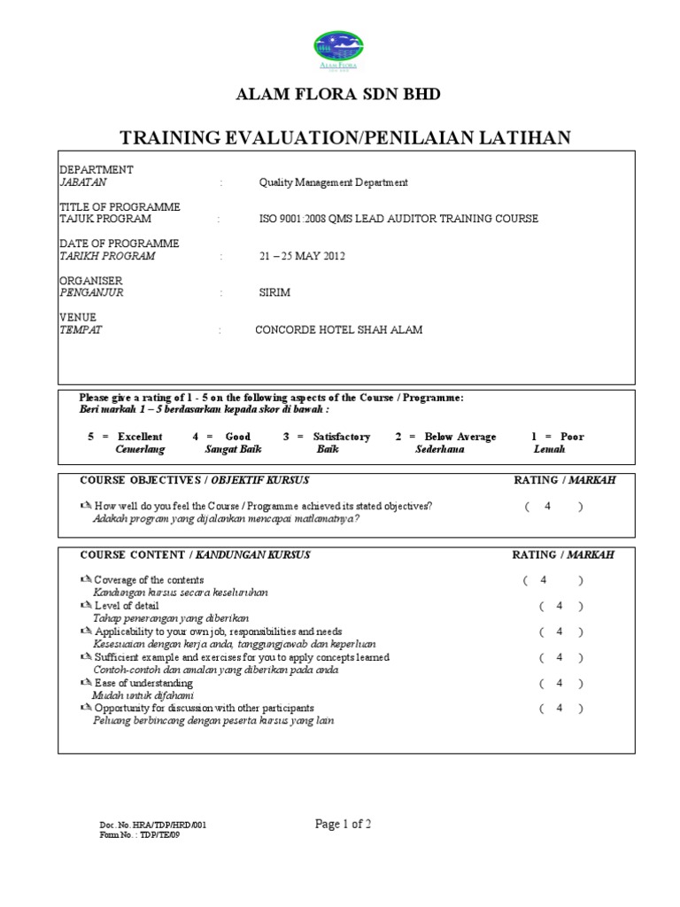 Training Evaluation Form