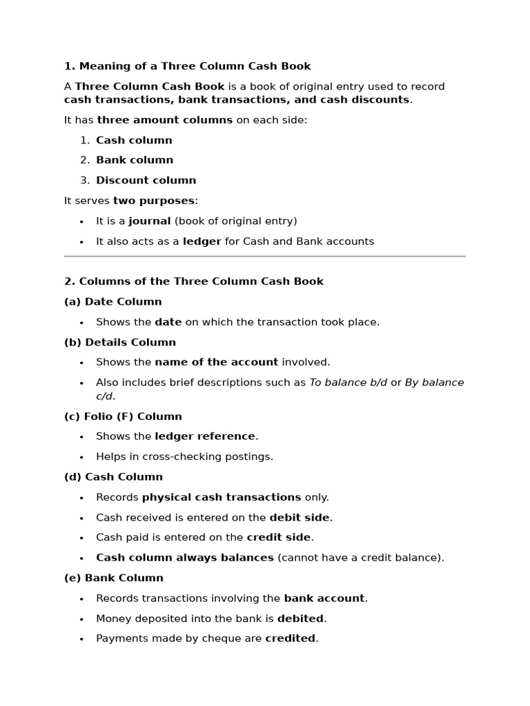 Three Column Cashbook Notes Form Two | PDF | Debits And Credits | Cash