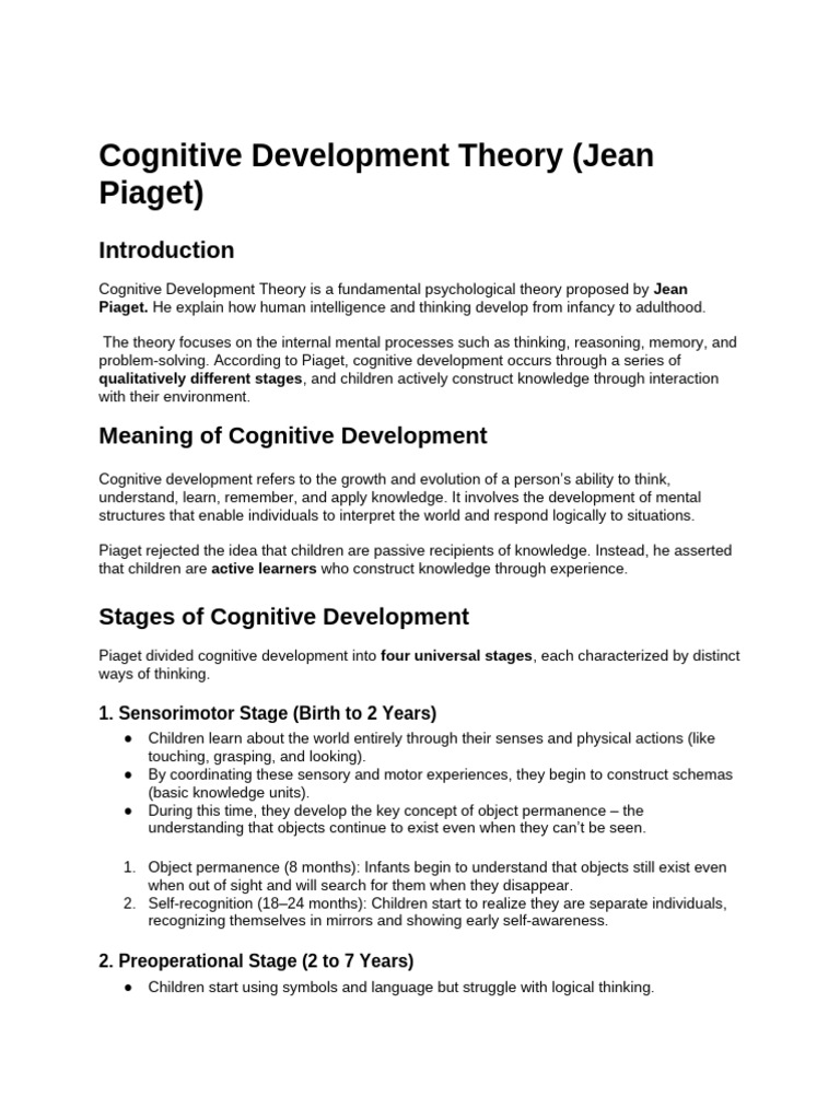 Cognitive Development Theory (Jean Piaget) (1) | PDF | Cognition ...