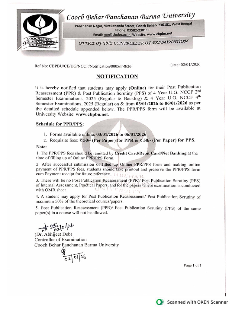 Notification Regarding Online PPRPPS Form Fill-up for 4 Year U.G. NCCF ...