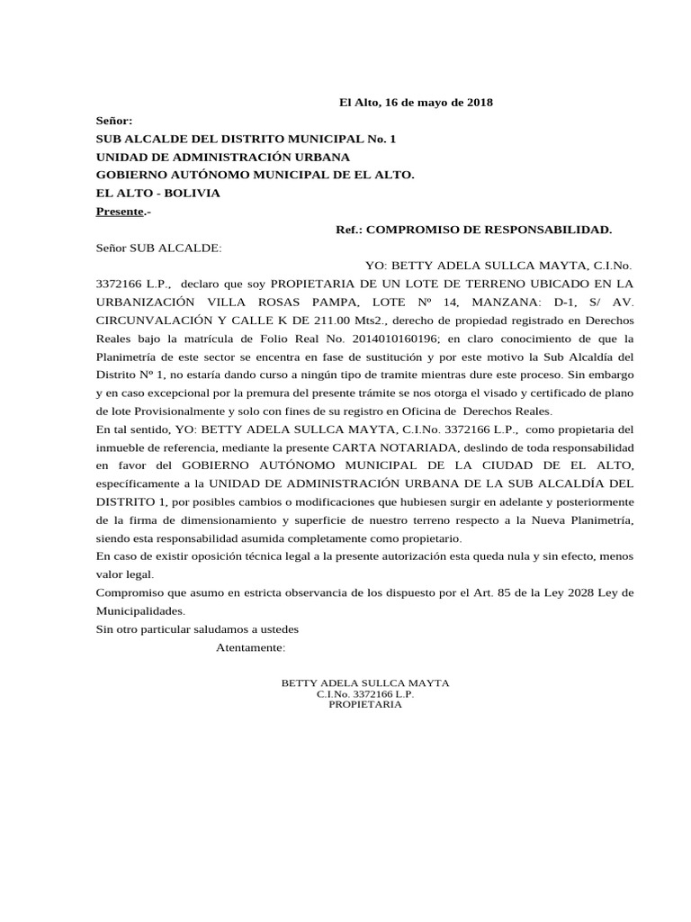 Carta Notariada Compromiso g.m.e.a - Plano | PDF