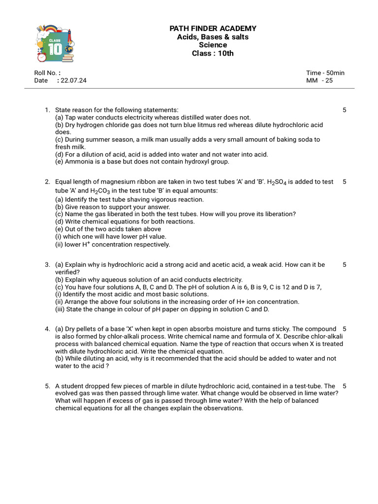 Acid, Base & Salts Test | PDF | Acid | Ph