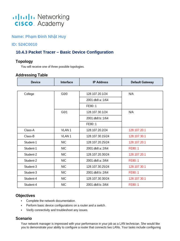 10.4.3 Packet Tracer - Basic Device Configuration | PDF | I Pv6 ...