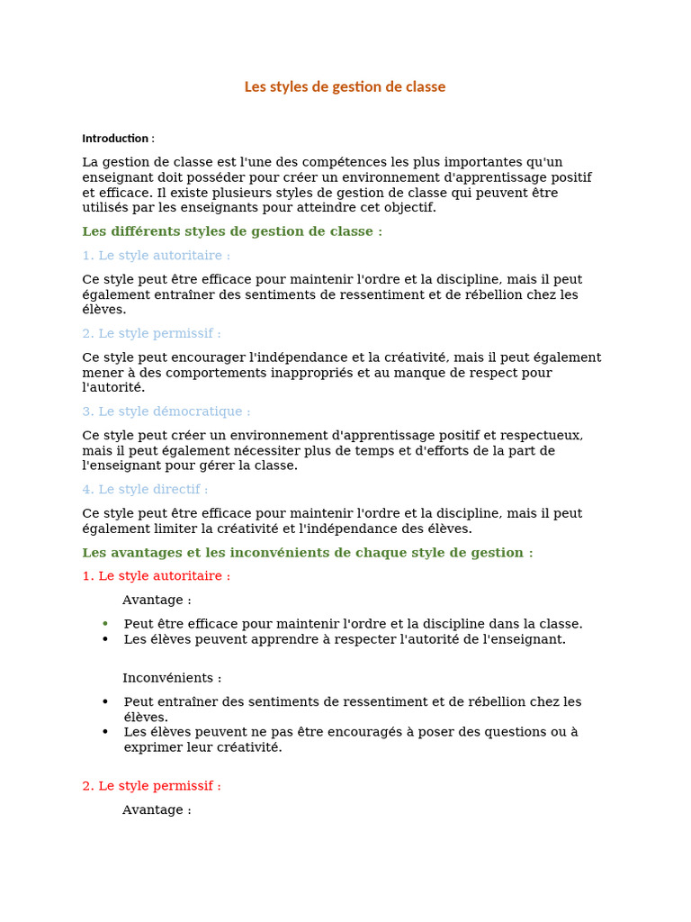 Les Styles de Gestion de Classe | PDF | Apprentissage | Cognition