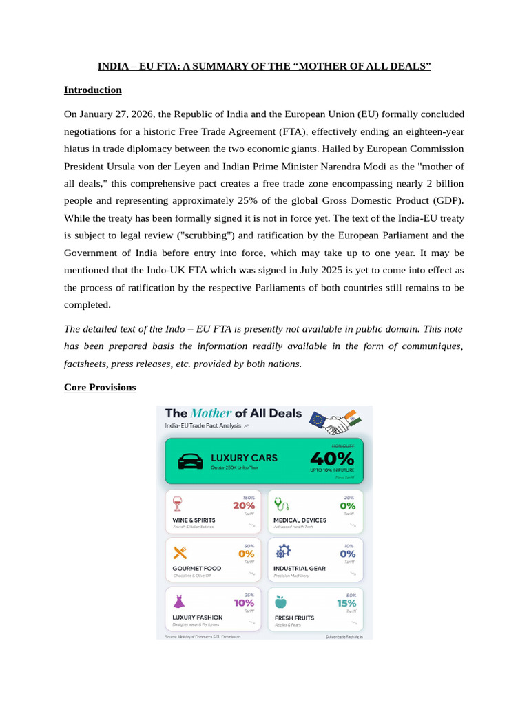 A Comprehensive Analysis of The India-EU FTA | PDF | Tariff | Electric ...